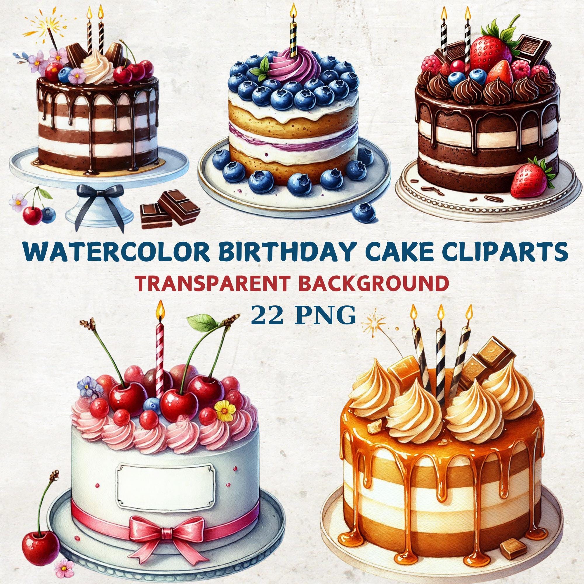 Watercolor Birthday Cake Clipart Bundle: 22 PNG Designs (digital ...