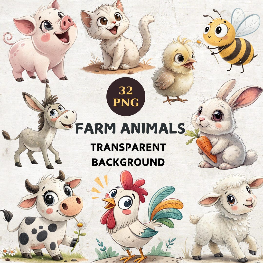 Farm Animals Clipart Bundle, 32 Transparent Background Png, Nursery ...