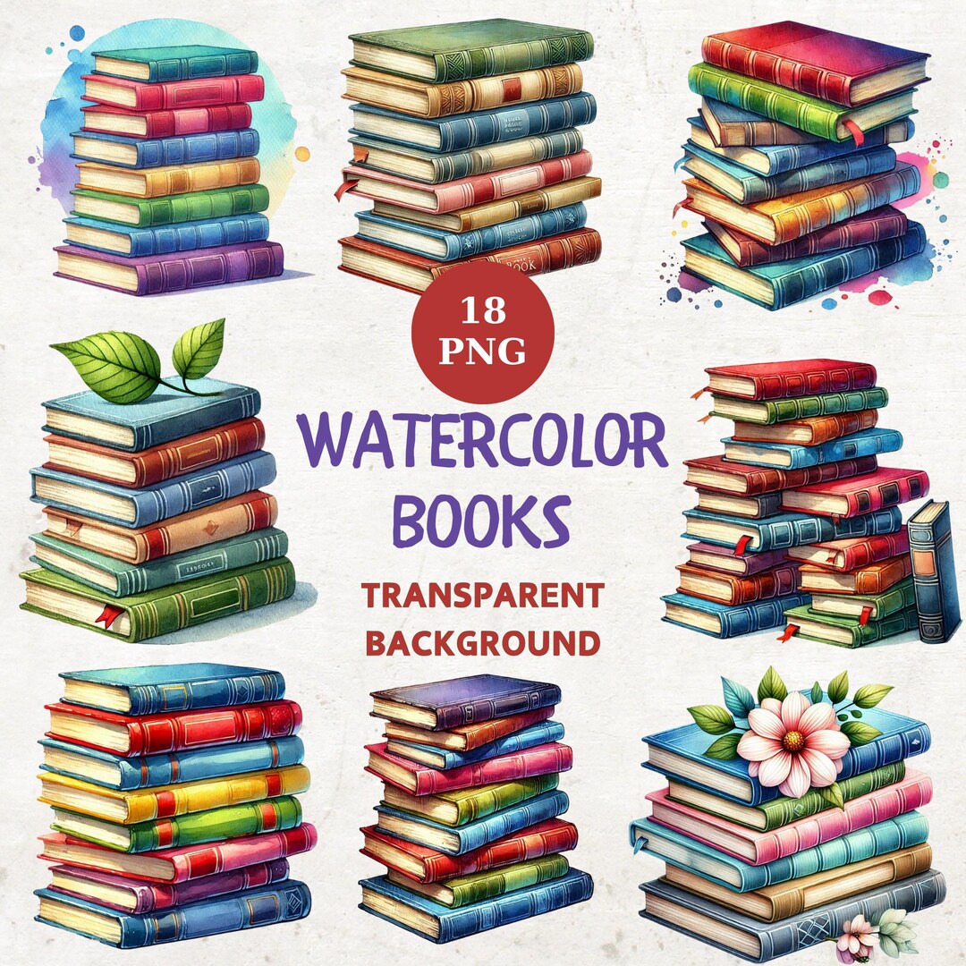 Watercolor Book Stack Clipart Bundle: Reading & Education PNG Graphics ...