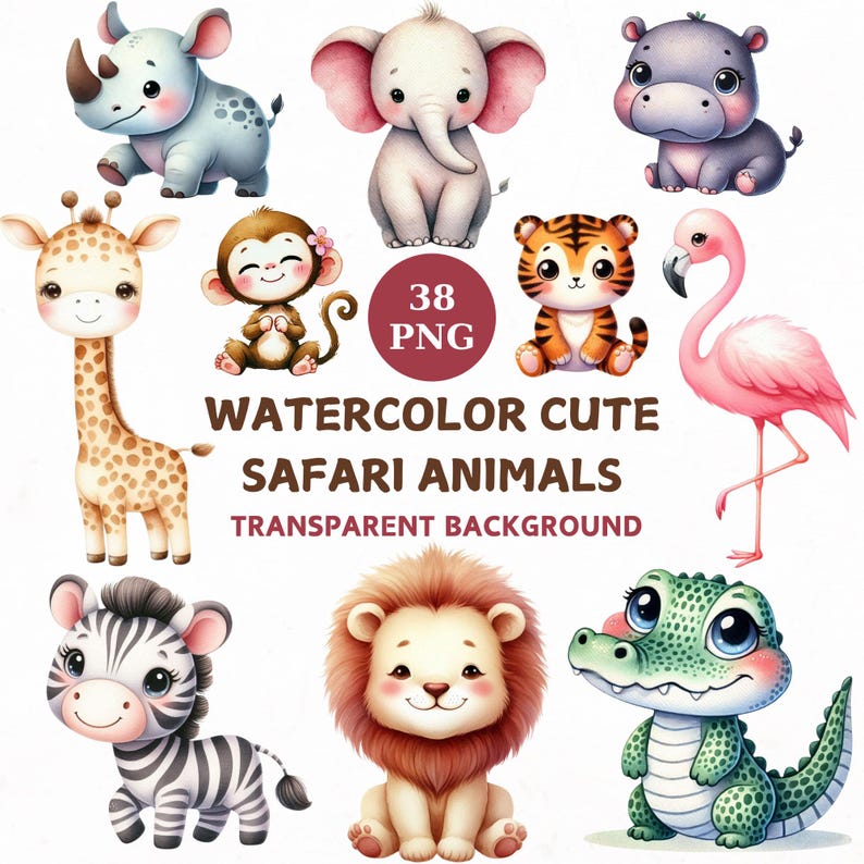 Cute Safari Animals Clipart Bundle, Watercolor Baby Animals, Baby ...