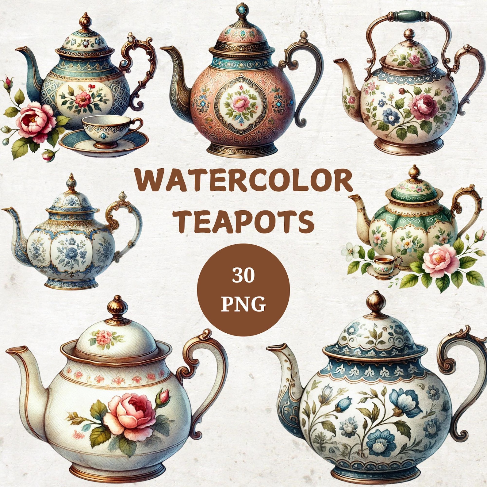 Vintage Floral Teapot Clipart, 30 Transparent Png, Printable Watercolor ...