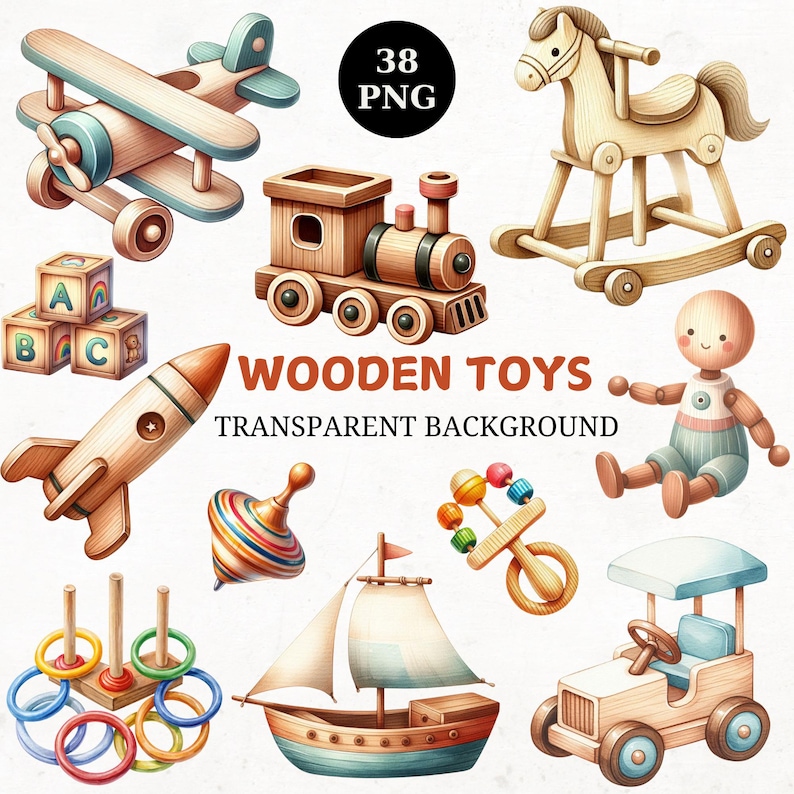 Watercolor Wooden Toys Cliparts: Nursery PNG Illustrations (38 Files ...