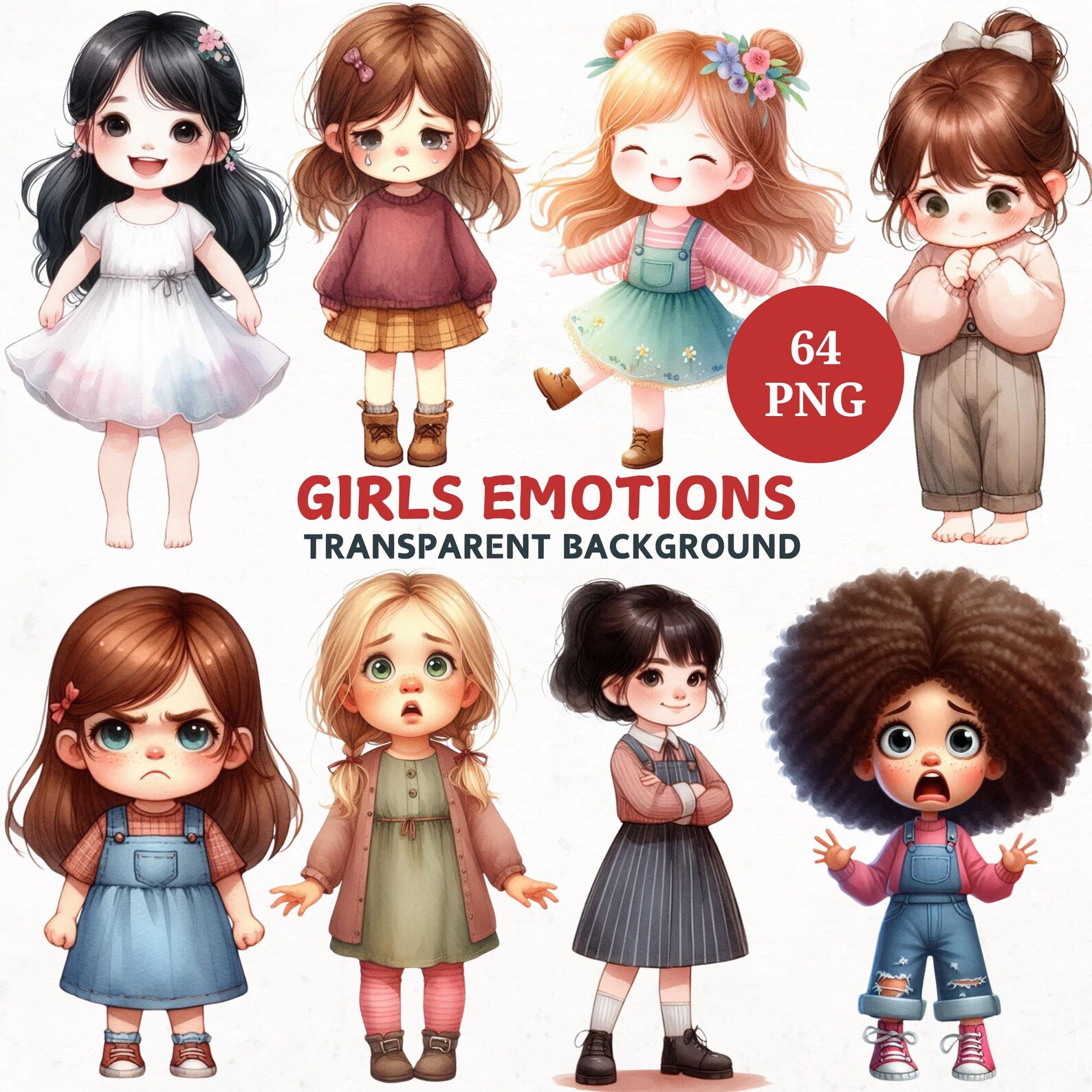 Watercolor Girl Emotions Clipart Bundle, Kids Facial Expressions, 64 ...