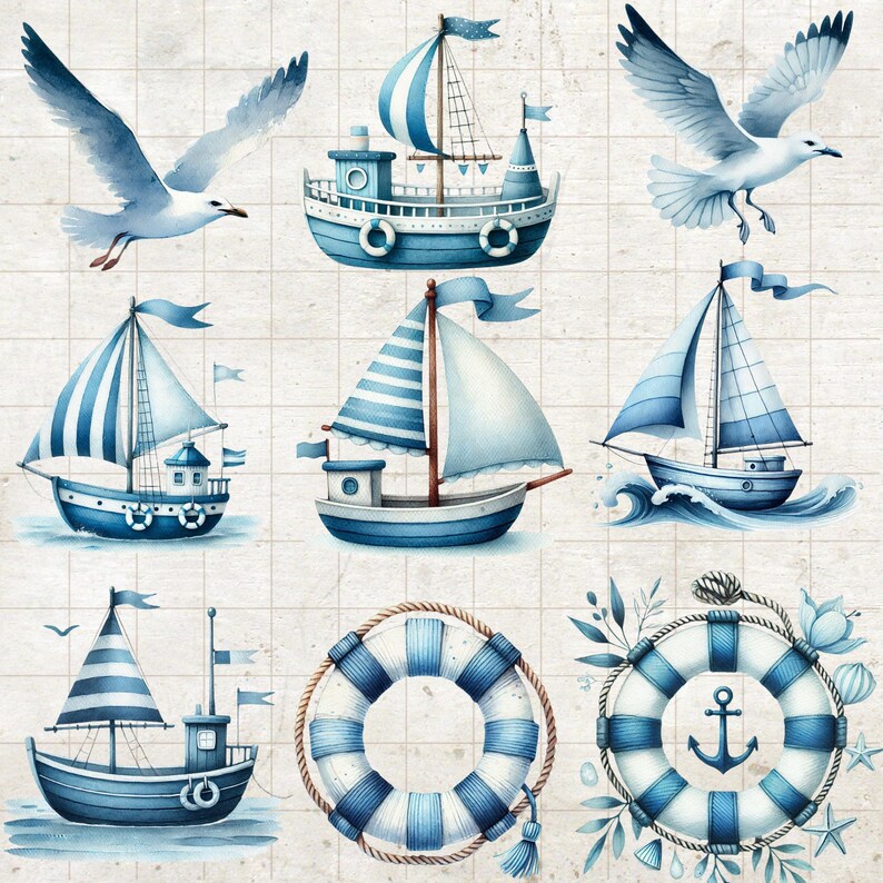 Watercolor Nautical Clipart Bundle, 30 Transparent Background Png, Blue ...