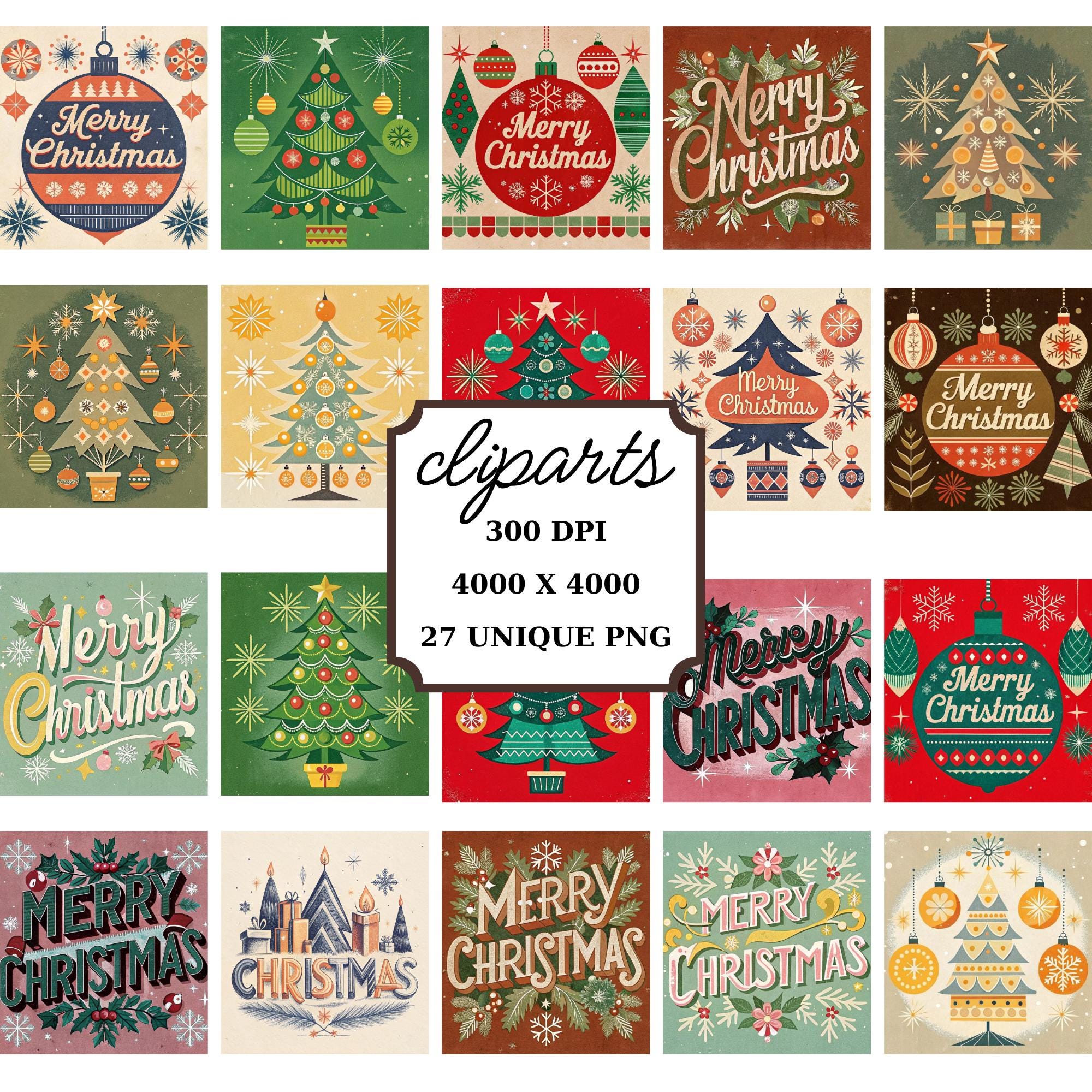 Retro Christmas Card Bundle, 27 Png Images for Holiday Crafts, Vintage ...
