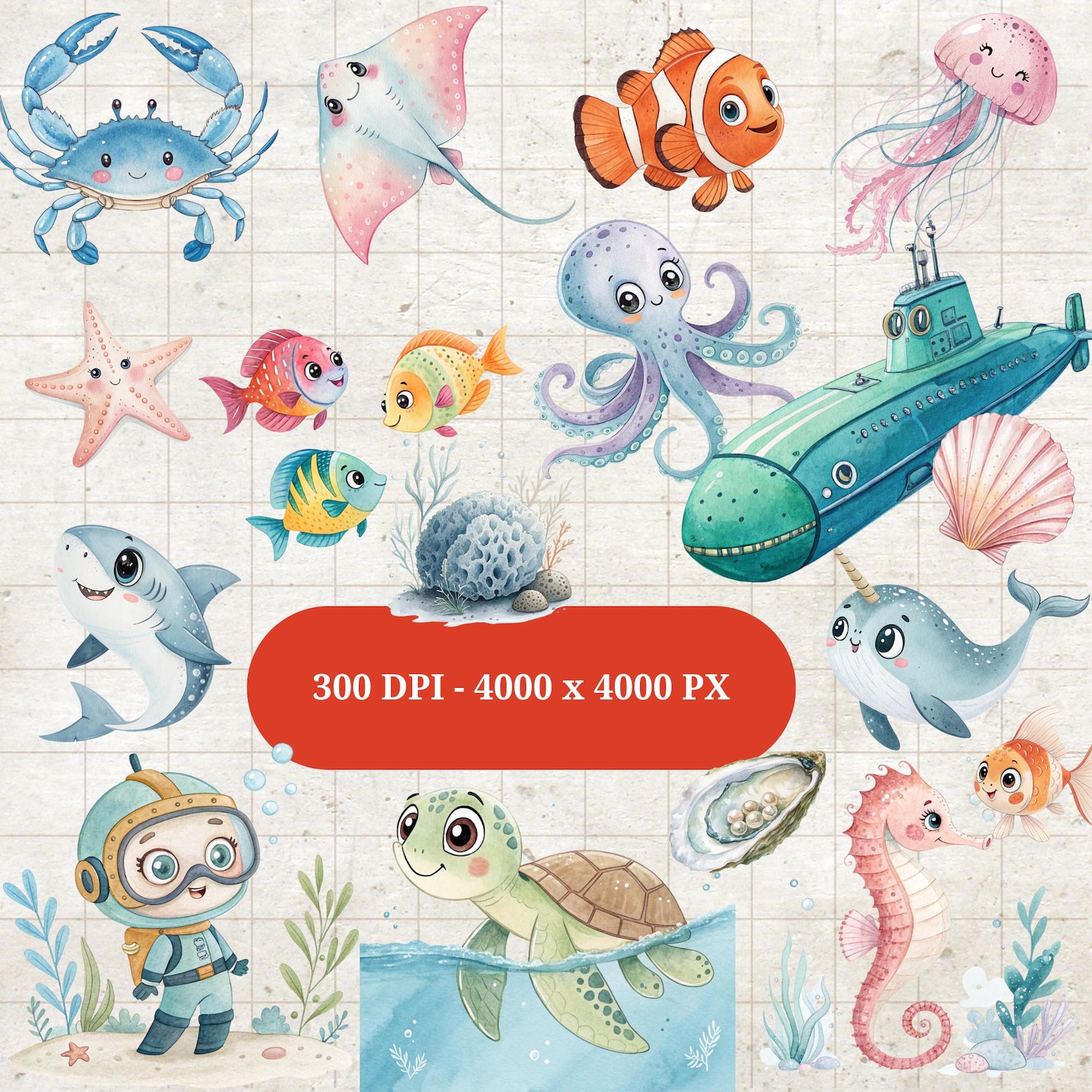 Watercolor Sea Animals Clipart Bundle: 60 PNG Nursery Graphics (digital ...
