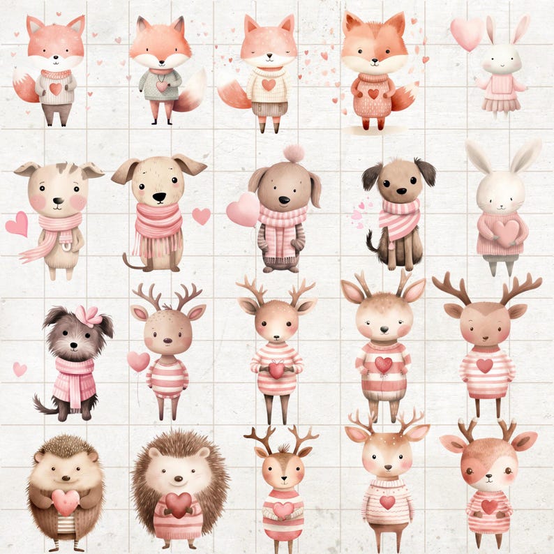 50 Valentines Day Animals Clipart, Watercolour Animals, Romantic ...