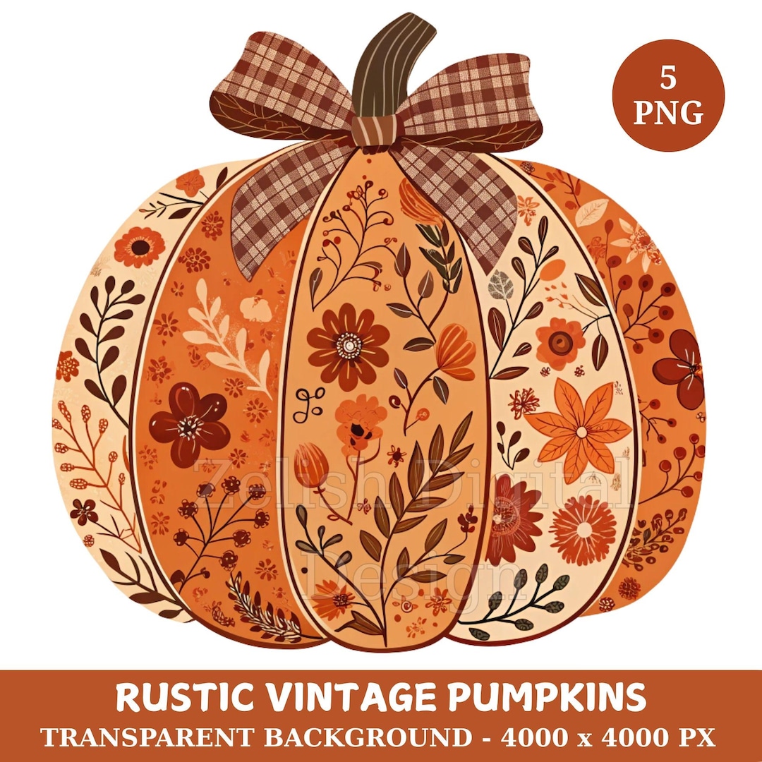 Rustic Floral Pumpkin Clipart Bundle: Vintage Fall PNG, Digital ...