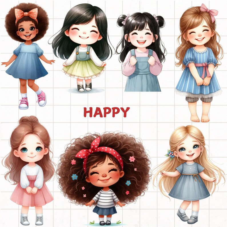 Watercolor Girl Emotions Clipart Bundle, Kids Facial Expressions, 64 ...