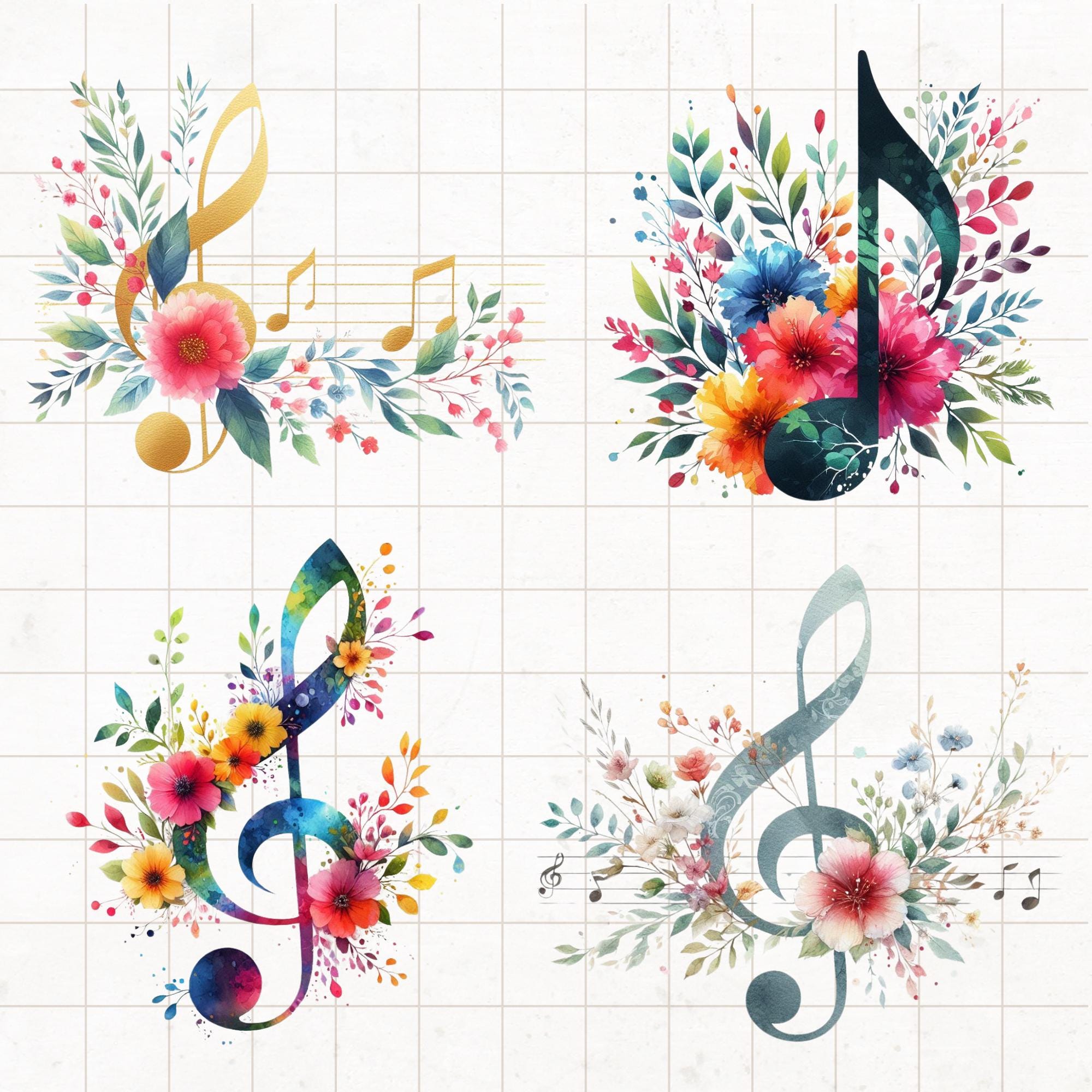 Floral Music Note Clipart Bundle, 16 Transparent Png, Printable ...