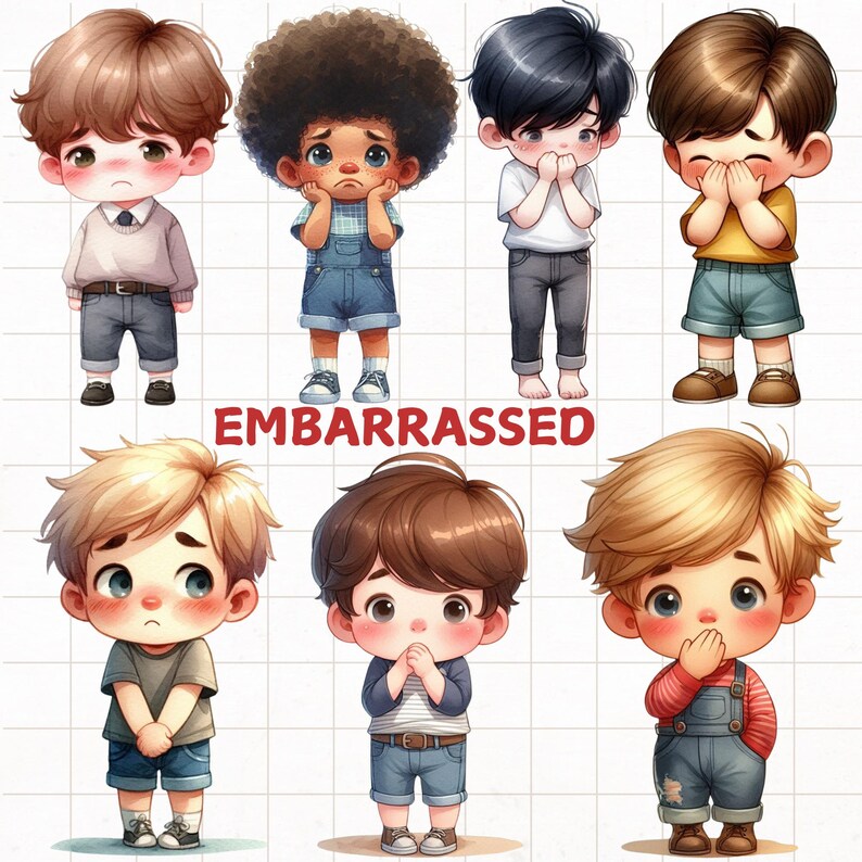 Watercolor Boy Emotions Clipart Bundle: 64 PNG Illustrations (digital ...