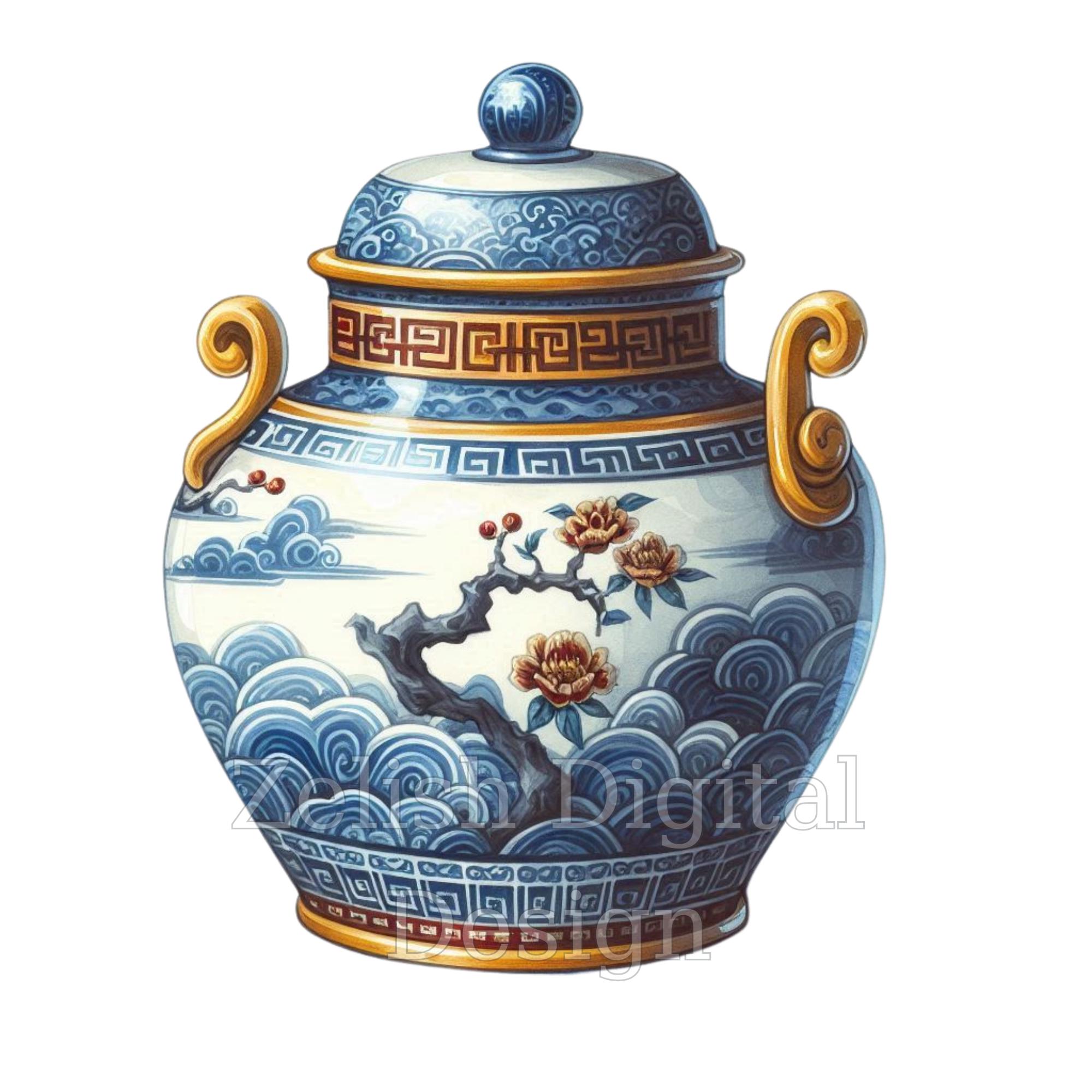 10 Watercolor Chinoiserie Ginger Jar Clipart Bundle, Digital Download ...