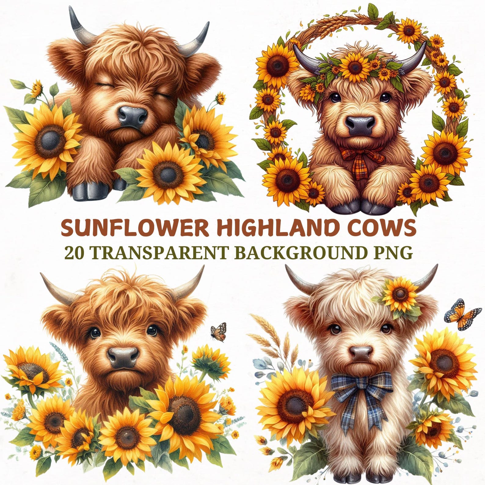 Highland Cow Sunflower Clipart Bundle, 20 Watercolor Transparent Png ...
