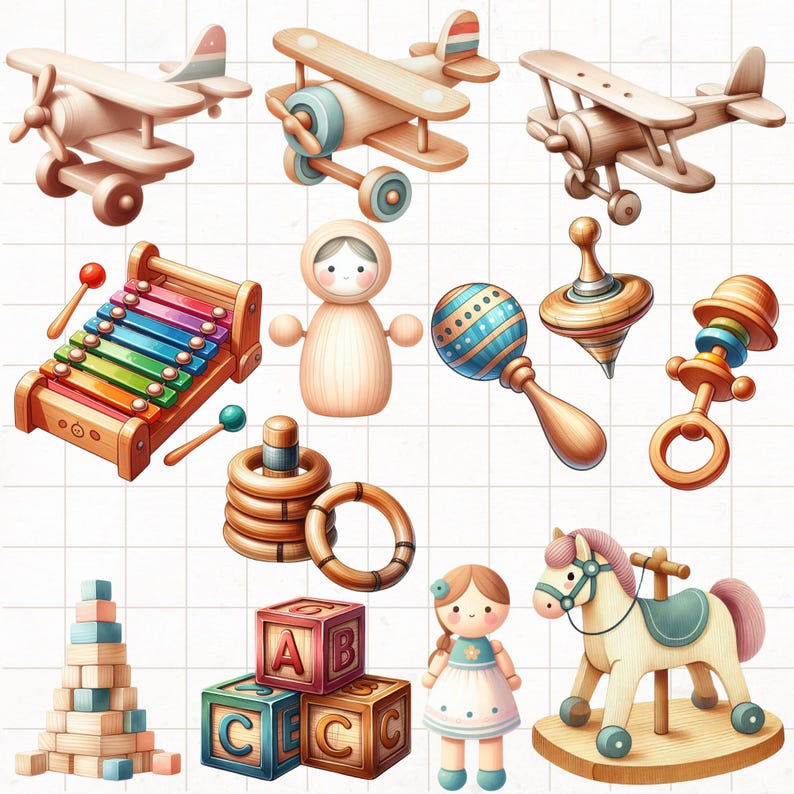 Watercolor Wooden Toys Cliparts: Nursery PNG Illustrations (38 Files ...