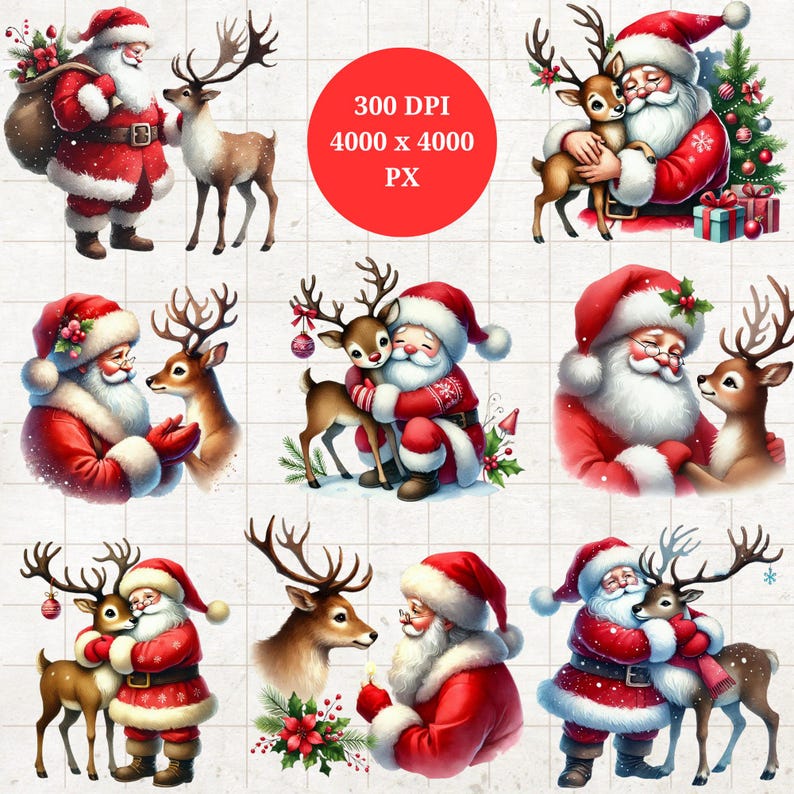 20 Santa Claus and Reindeer Christmas Watercolor Clipart, Cute Santa ...