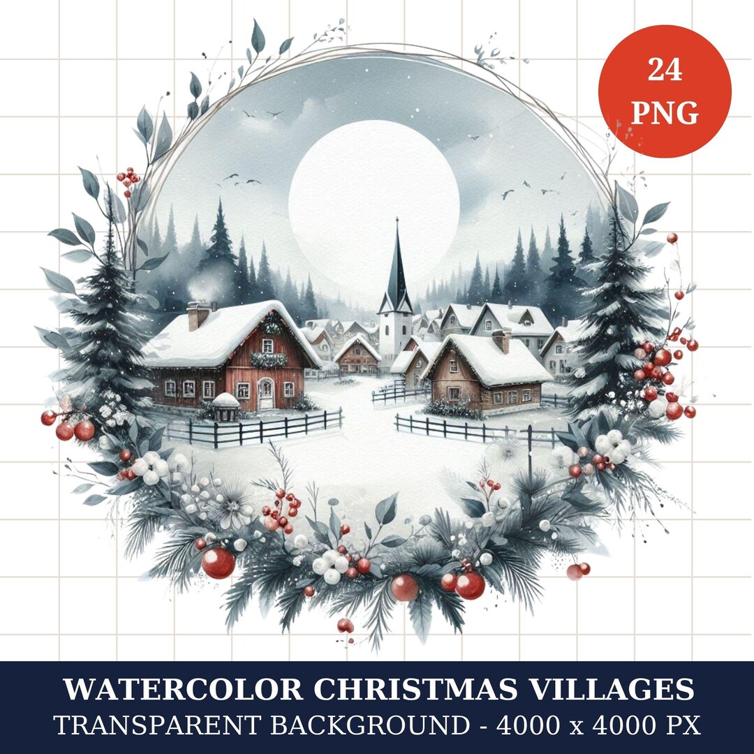 Watercolor Christmas Village Clipart Bundle: 24 PNG Winter Scenes ...