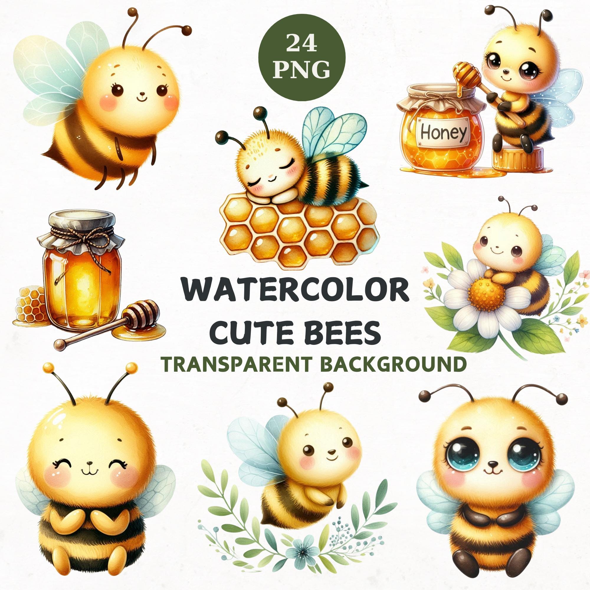 Cute Bee Clipart Bundle, 24 Transparent Png, Adorable Bees, Card Making ...