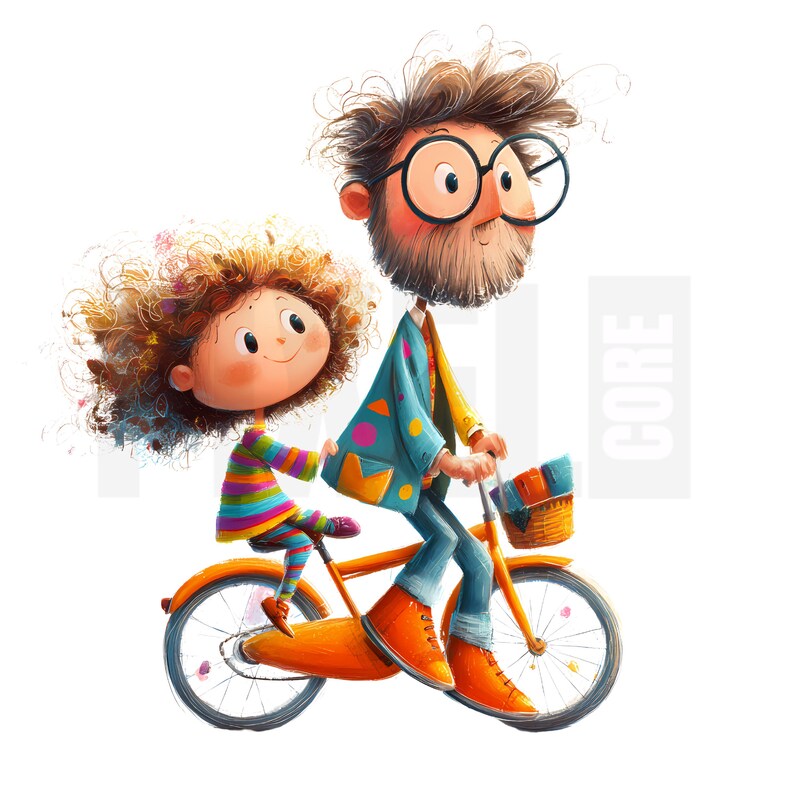 18 Watercolor Quirky Dad and Daughter Bike Ride Clipart PNG, Cute ...