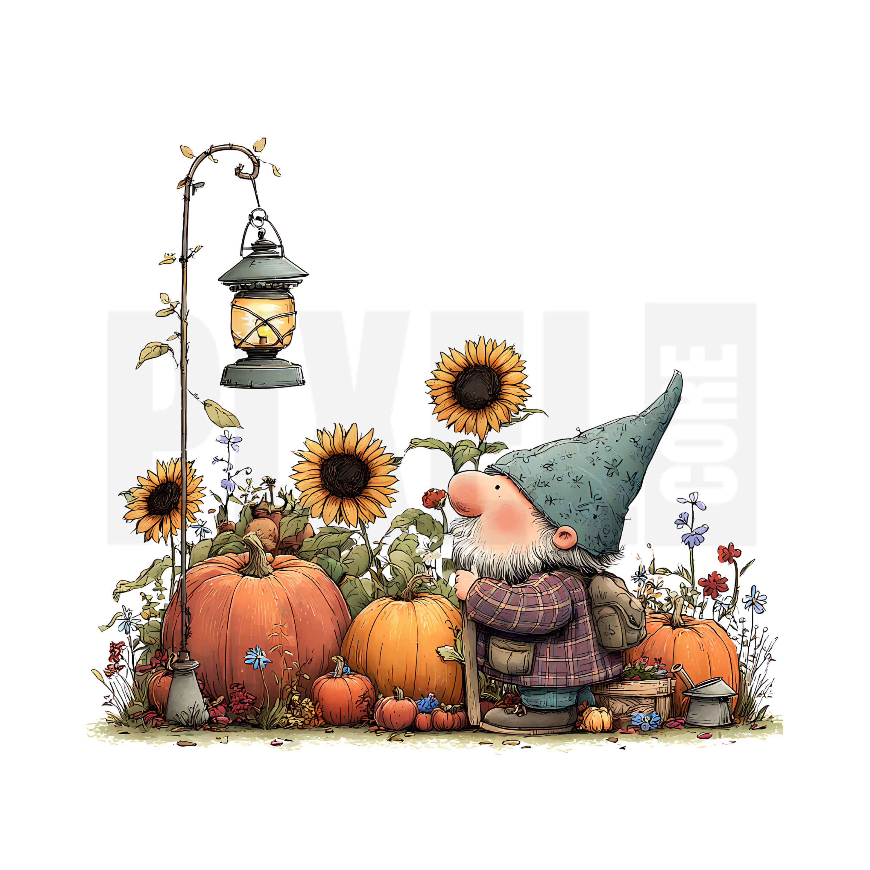 11 Whimsical Autumn Gnome Clipart, PNG, Fall Pumpkins and Sunflowers ...