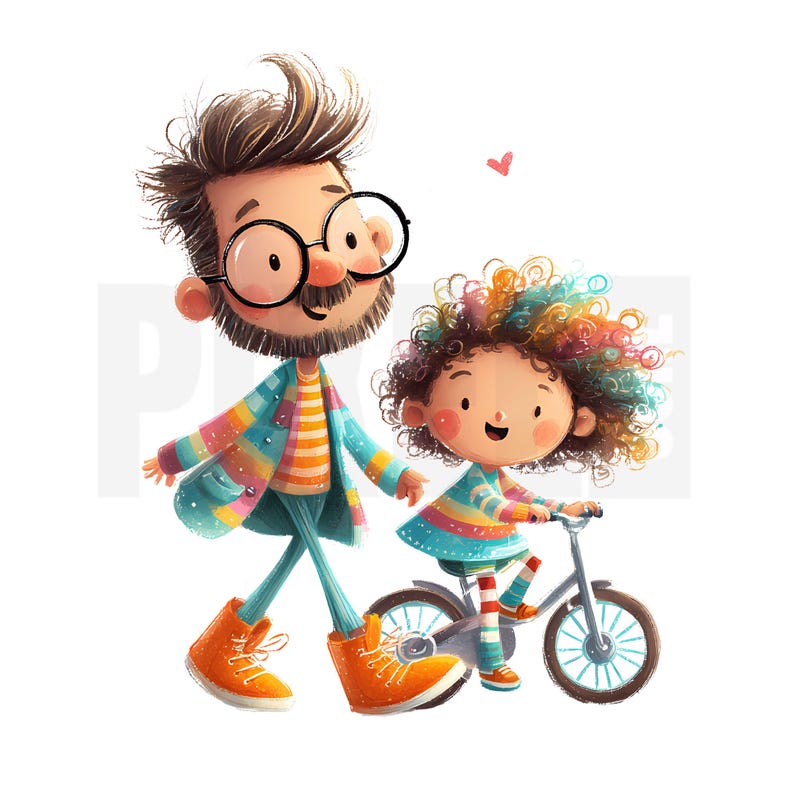 18 Watercolor Quirky Dad and Daughter Bike Ride Clipart PNG, Cute ...