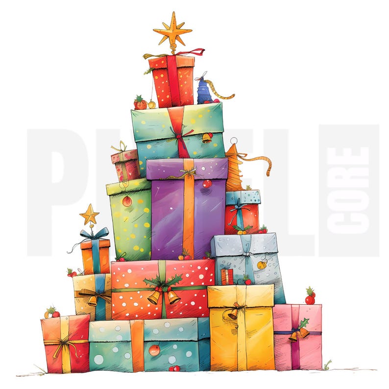 12 Whimsical Stack of Christmas Gifts Clipart, PNG, Holiday Present ...