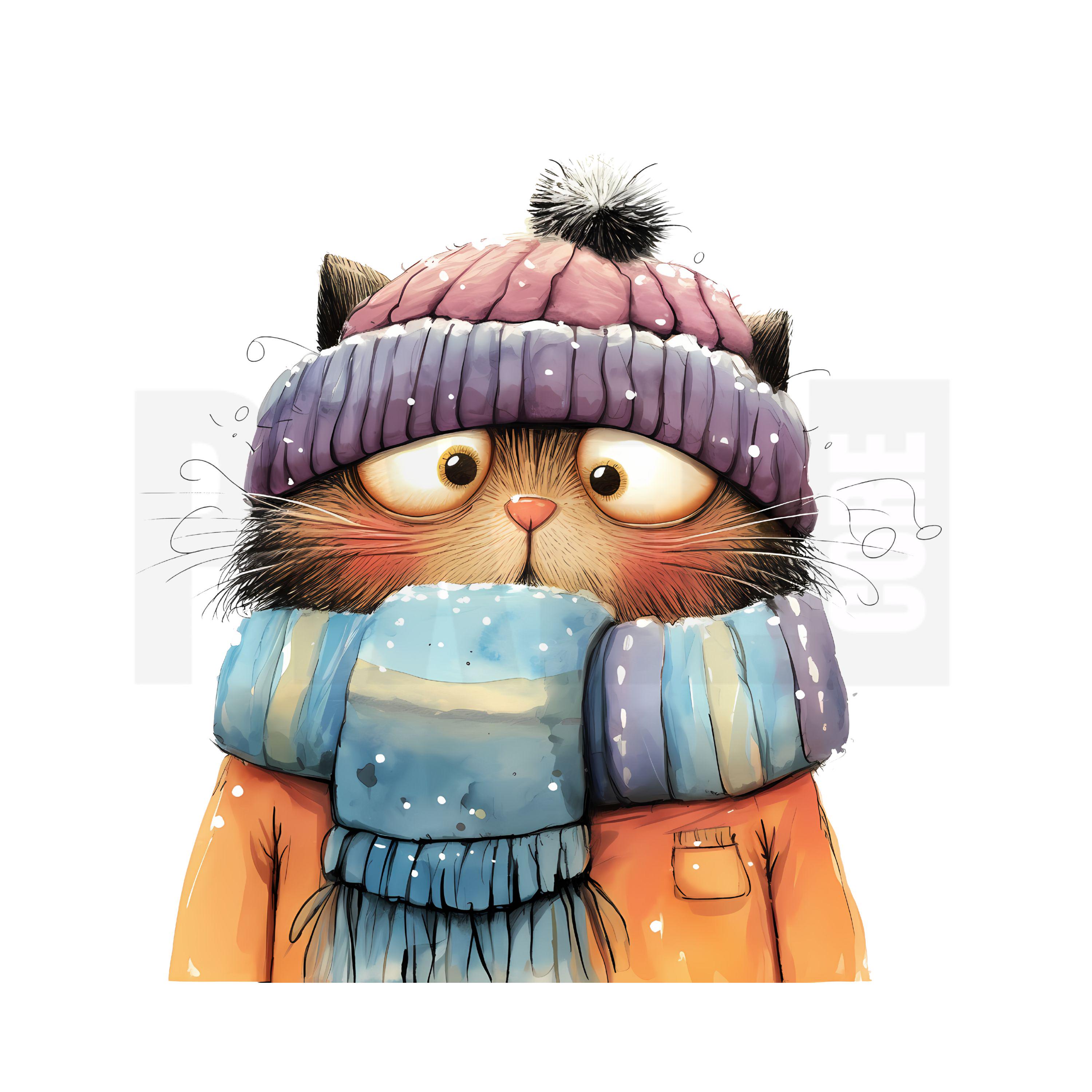 10 Quirky Winter Cat Clipart, PNG, Cozy Winter Holiday Kitty Art With ...