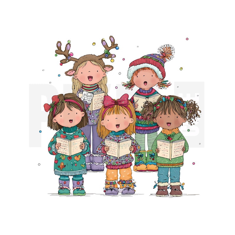 11 Quirky Christmas Kids Caroling Clipart, PNG, Winter Holiday Carolers ...