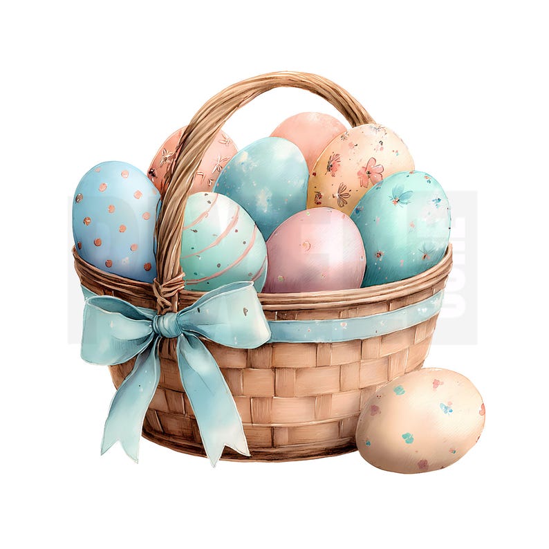 17 Watercolor Easter Basket Clipart, PNG, Pastel Eggs Spring Basket ...