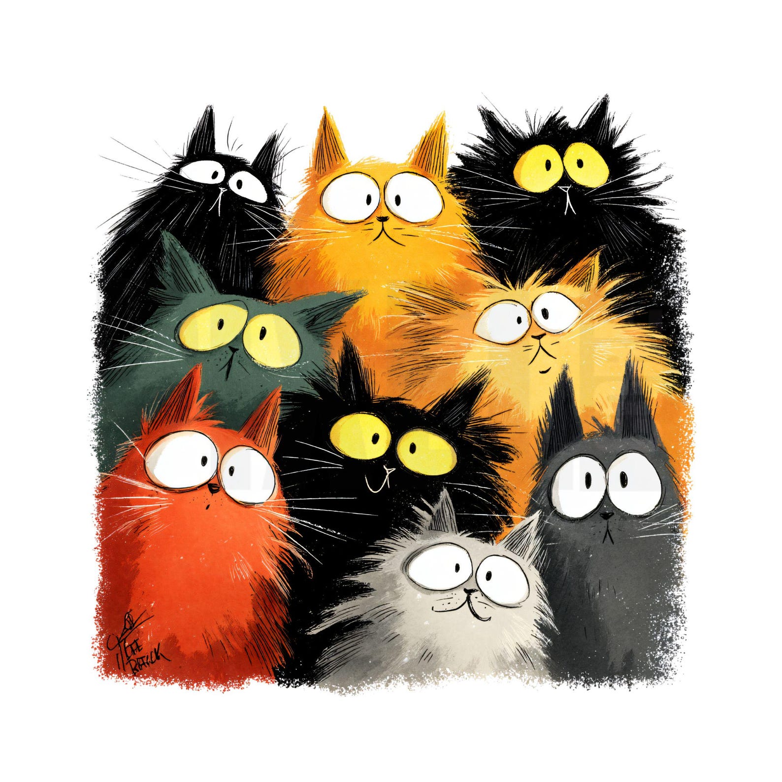 12 Cats Watercolor Clipart, Frazzled Cartoon Cats, Whimsical Cat ...