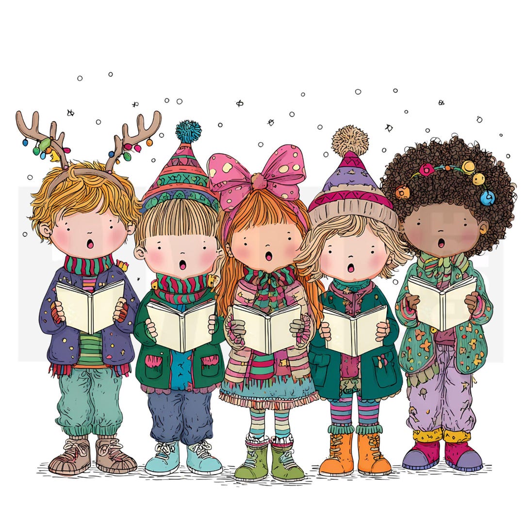 11 Quirky Christmas Kids Caroling Clipart, PNG, Winter Holiday Carolers Singing, Ephemera, Junk ...