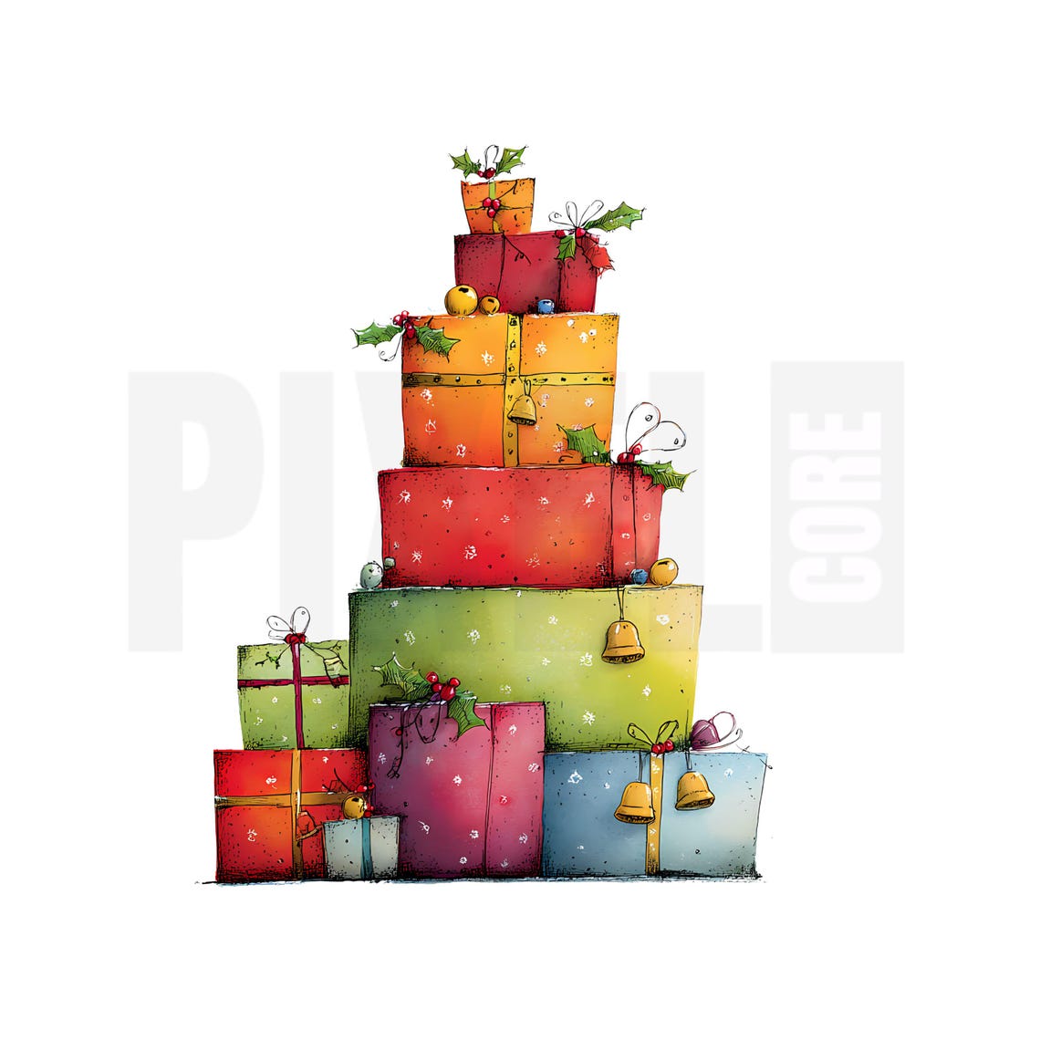 12 Whimsical Stack of Christmas Gifts Clipart, PNG, Holiday Present ...