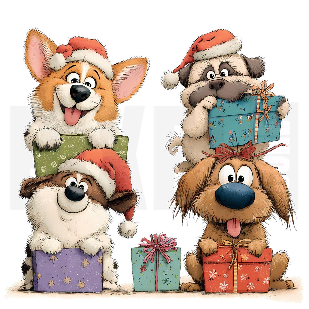 12 Quirky Dogs Christmas Presents Clipart, PNG, Santa Hat Dog, Holiday ...