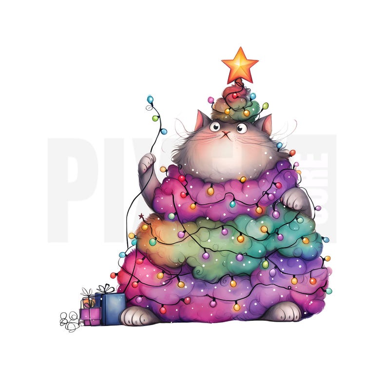 14 Quirky Cat Christmas Tree Clipart, PNG, Cats Tangled in Lights ...