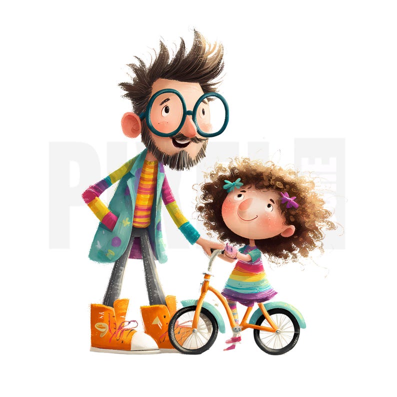 18 Watercolor Quirky Dad and Daughter Bike Ride Clipart PNG, Cute ...