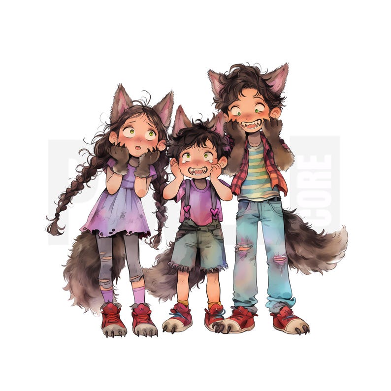 13 PNG, Quirky Werewolf Siblings Clipart, Cartoon Wolf Kids Halloween ...