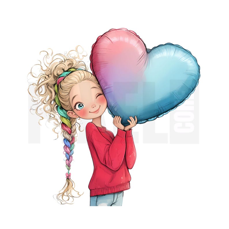 11 Quirky Valentine's Day Girl With Heart Balloons Clipart PNG ...