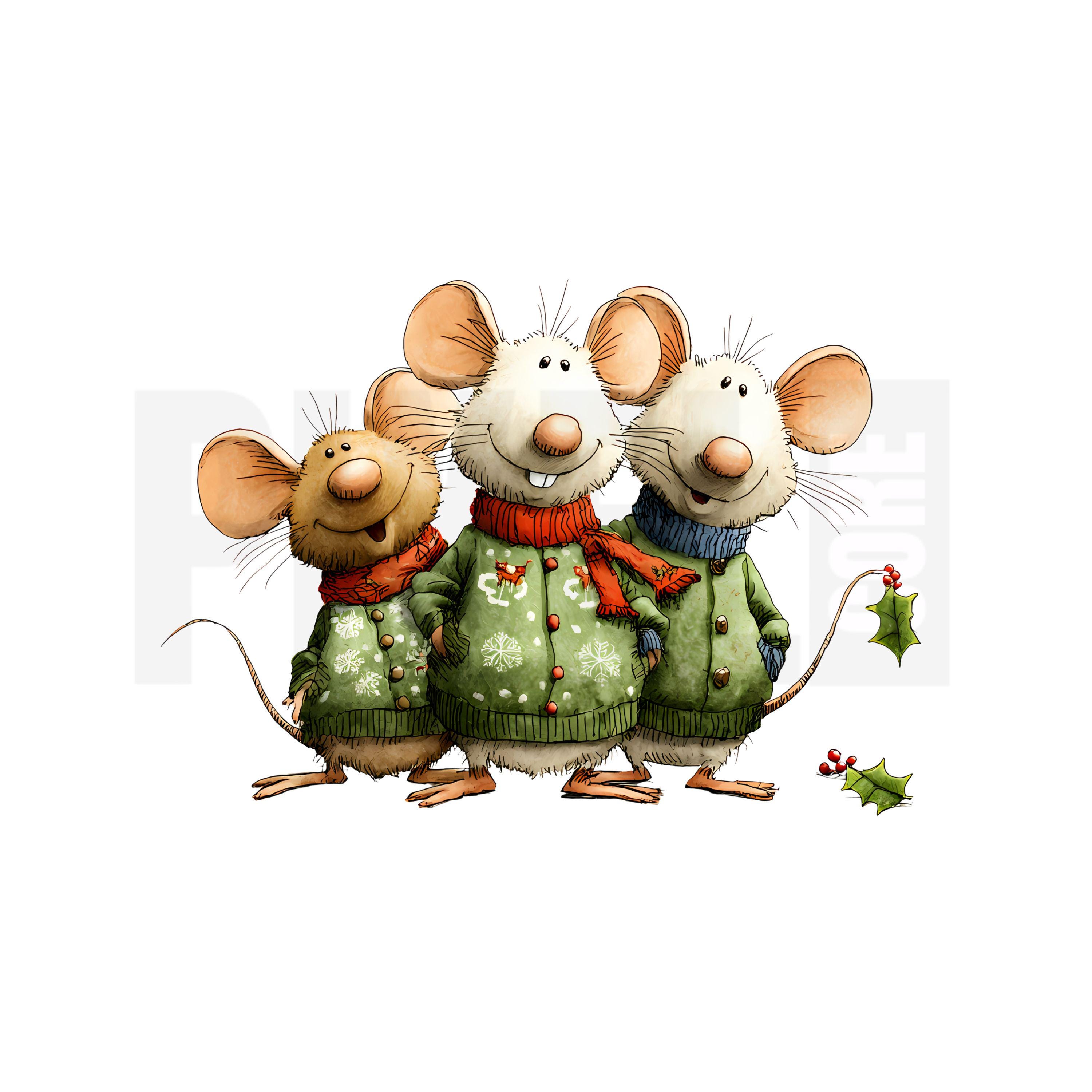 12 Whimsical Christmas Mice Sweater Clipart, PNG, Holiday Mouse Trio ...