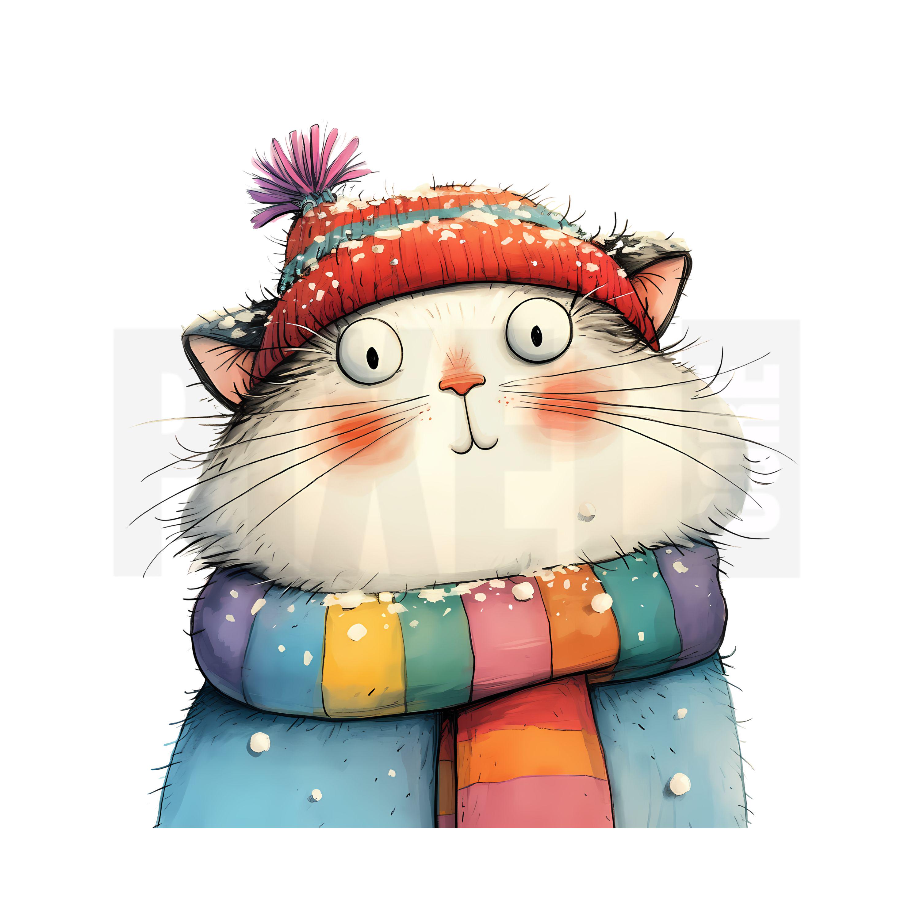 10 Quirky Winter Cat Clipart, PNG, Cozy Winter Holiday Kitty Art With ...