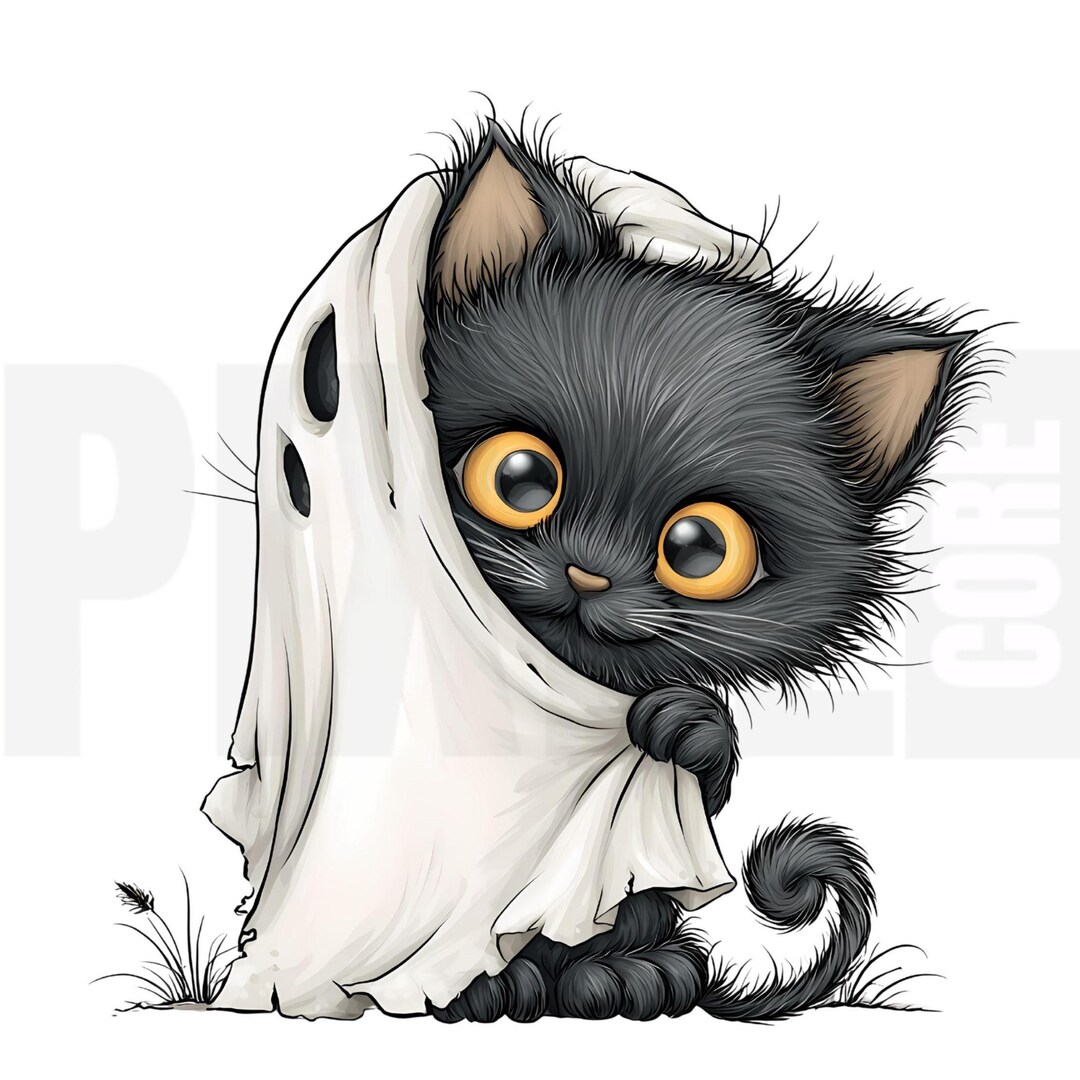 13 Quirky Halloween Black Cat Ghost Clipart, PNG, Cute Cartoon Cat ...