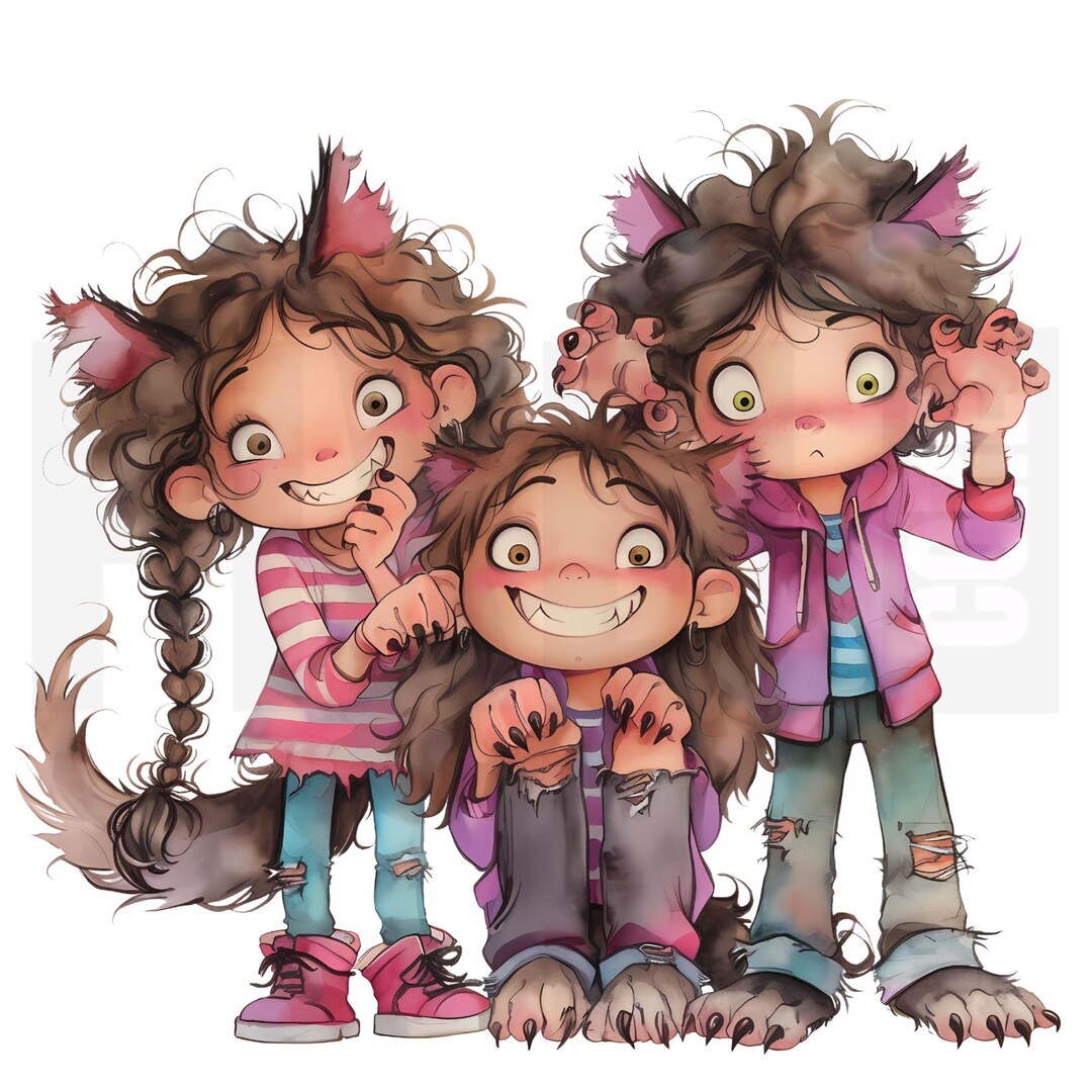 13 PNG, Quirky Werewolf Siblings Clipart, Cartoon Wolf Kids Halloween ...