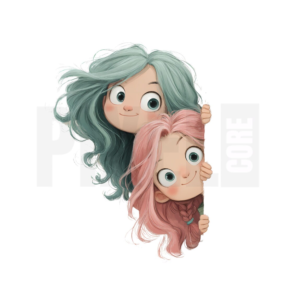 10 Quirky Peeking Best Friends Clipart, PNG, Watercolor Cartoon Besties ...