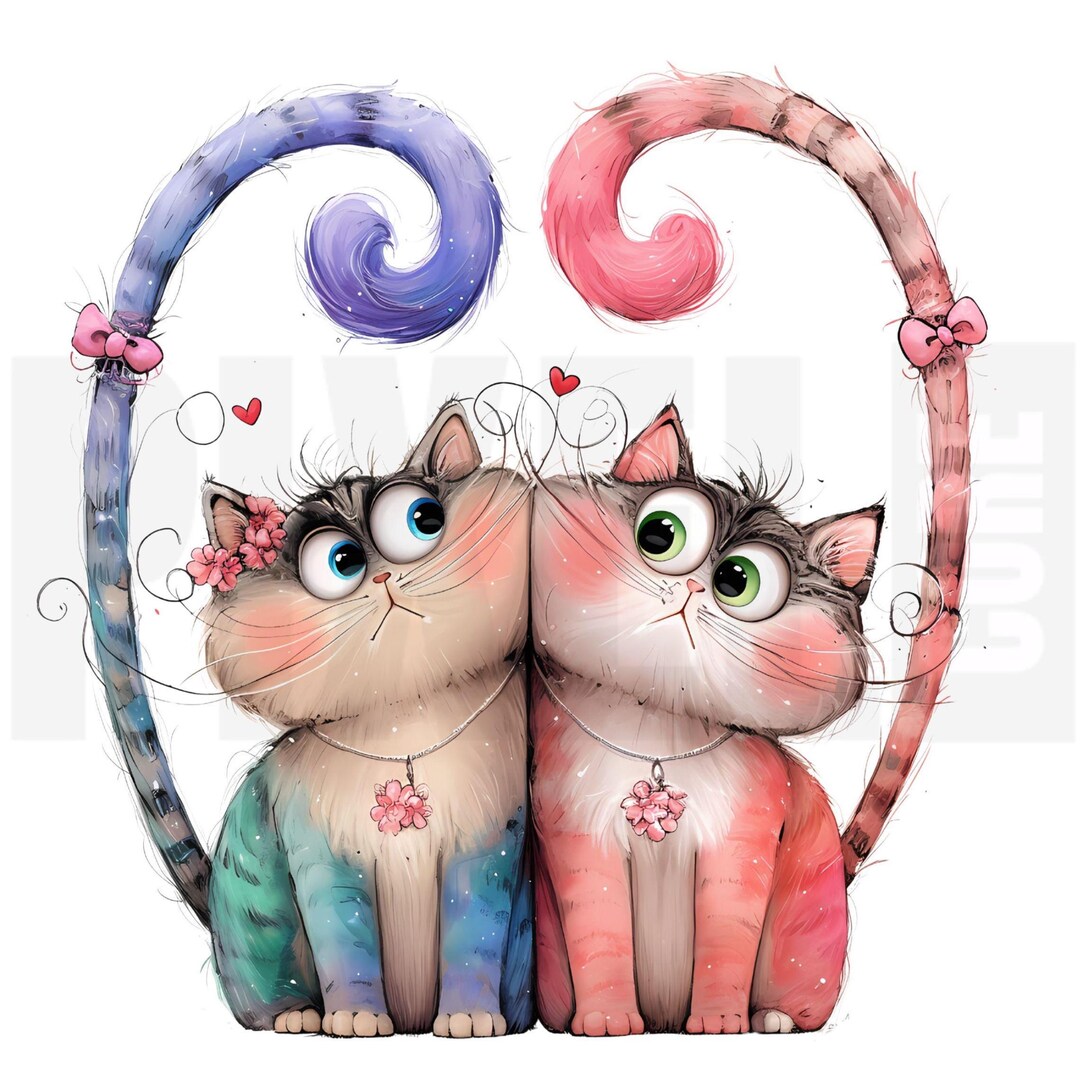 11 Quirky Cats Valentines Clipart, PNG, Whimsical Kitty Friends Love ...
