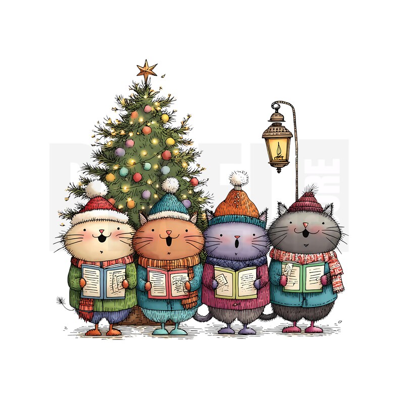 14 Quirky Christmas Caroling Cats Clipart, PNG, Singing Cat Clipart ...