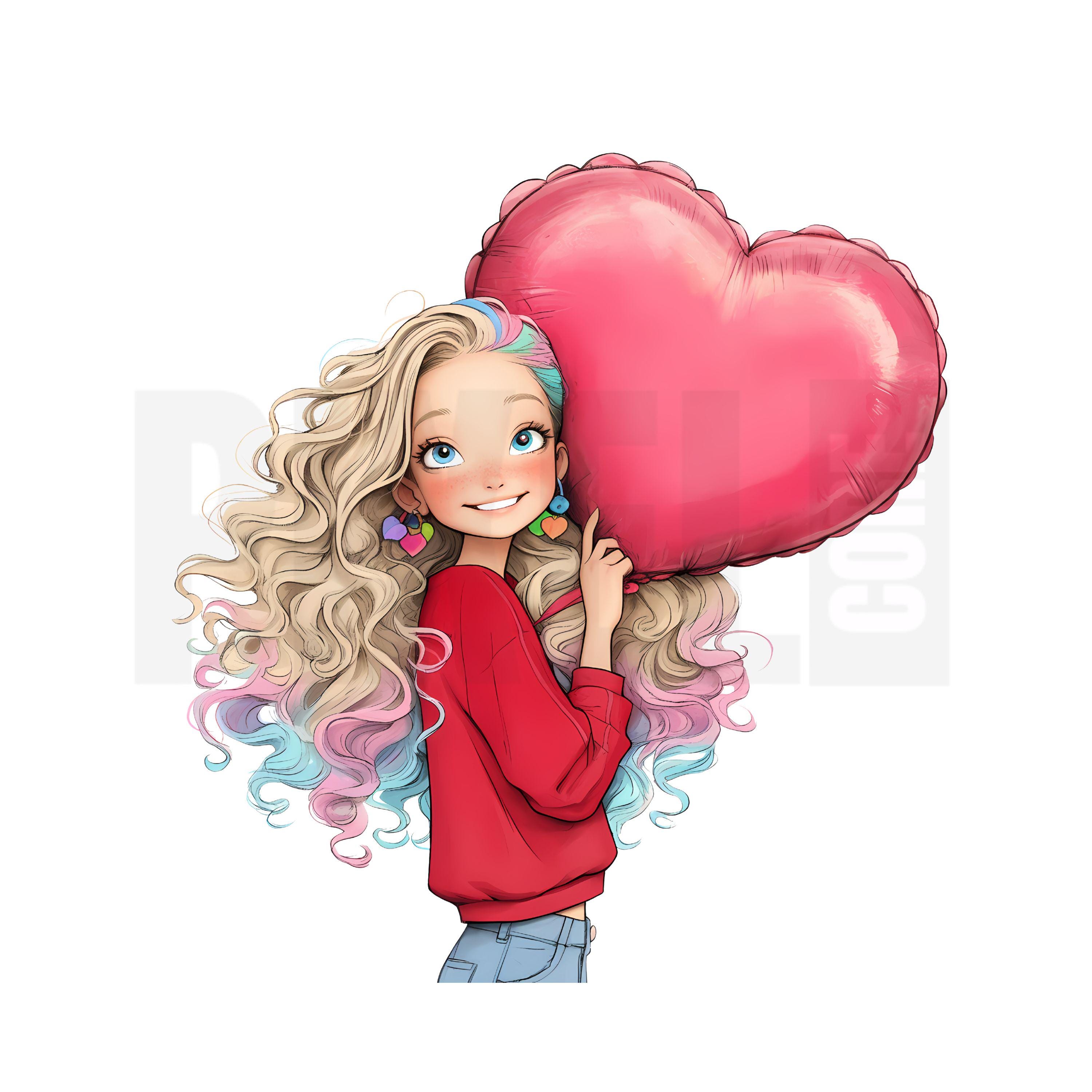 11 Quirky Valentine's Day Girl With Heart Balloons Clipart PNG ...