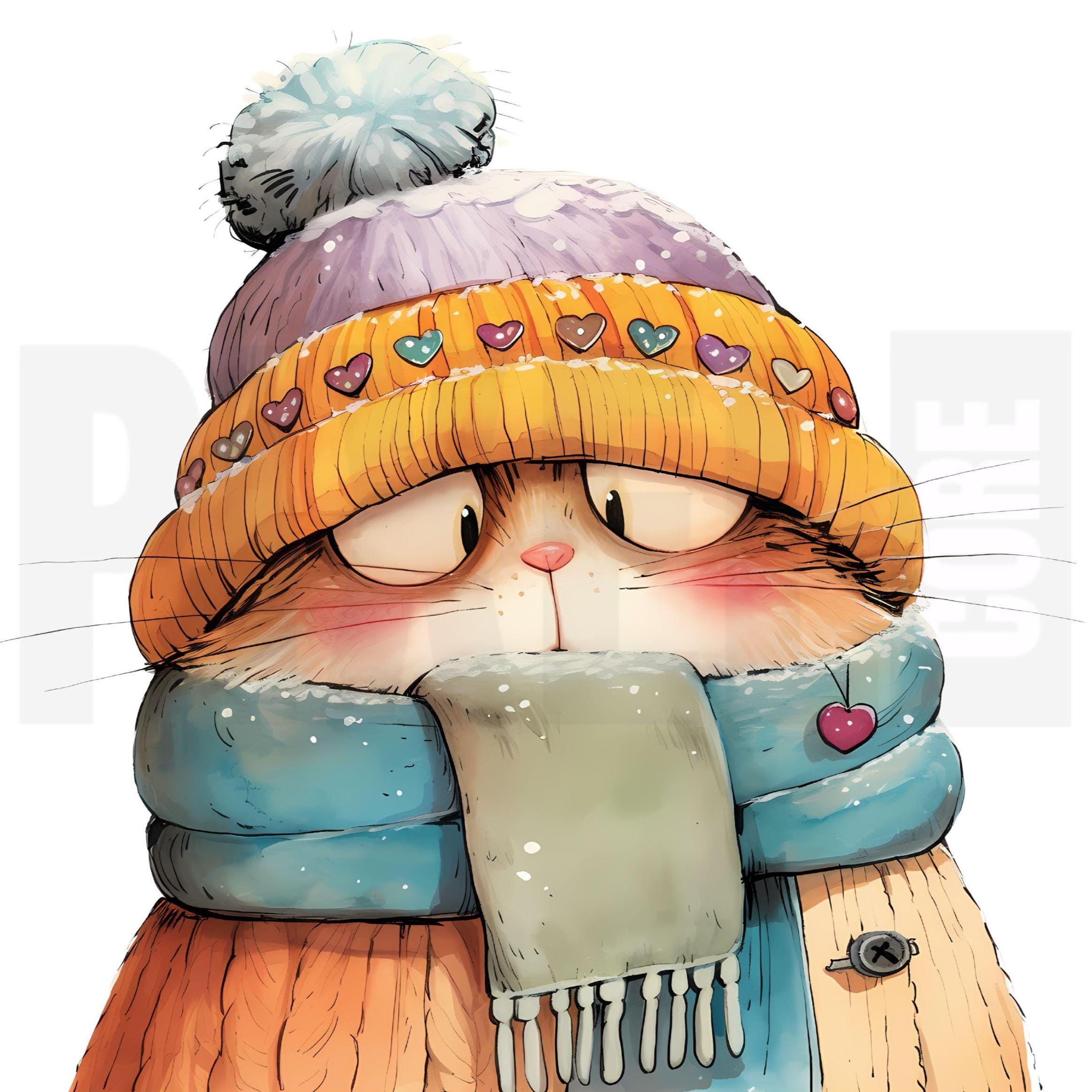 10 Quirky Winter Cat Clipart, PNG, Cozy Winter Holiday Kitty Art With ...