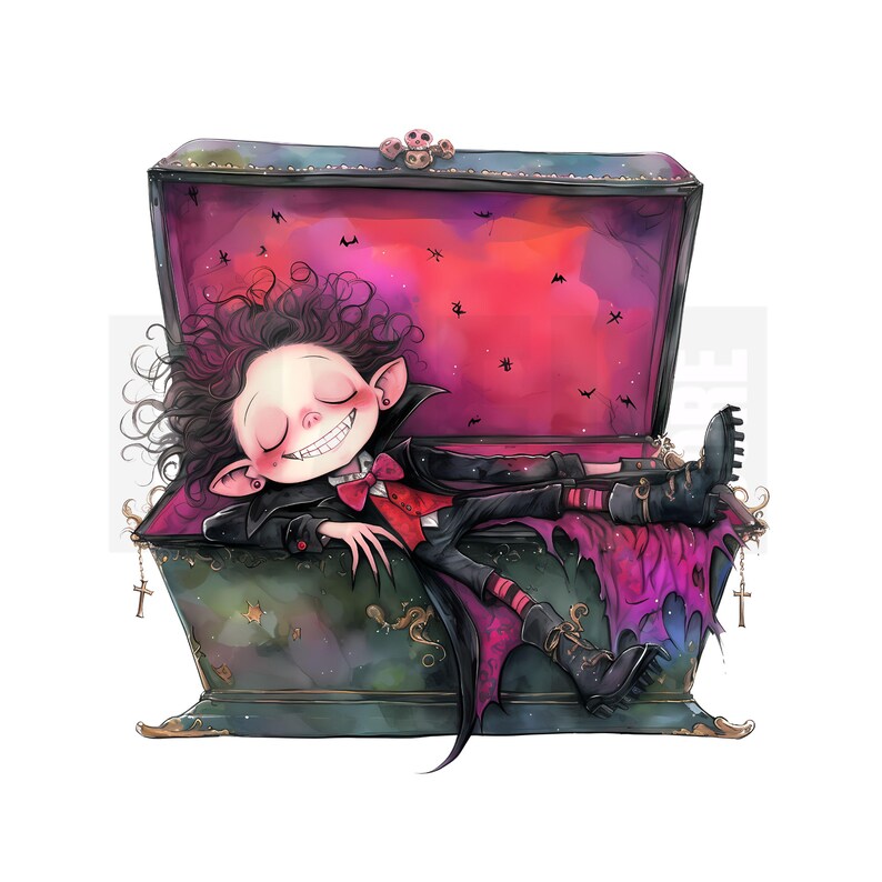 12 Quirky Vampire in Coffin Clipart, PNG, Halloween Dracula Cartoon ...