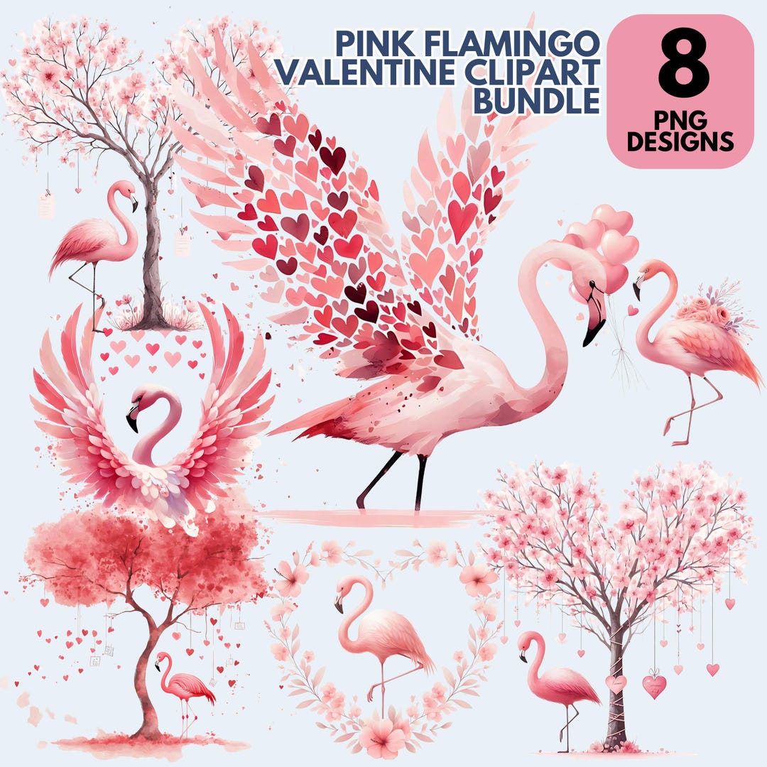 8 Pink Flamingo Valentine PNG, Flamingo Clipart, Watercolor Flamingo ...