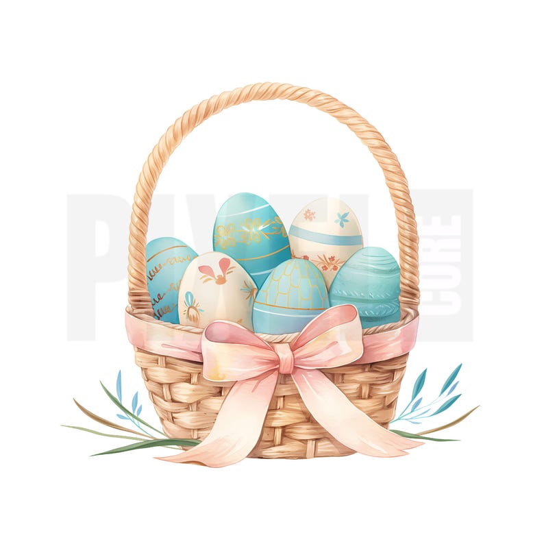 17 Watercolor Easter Basket Clipart, PNG, Pastel Eggs Spring Basket ...