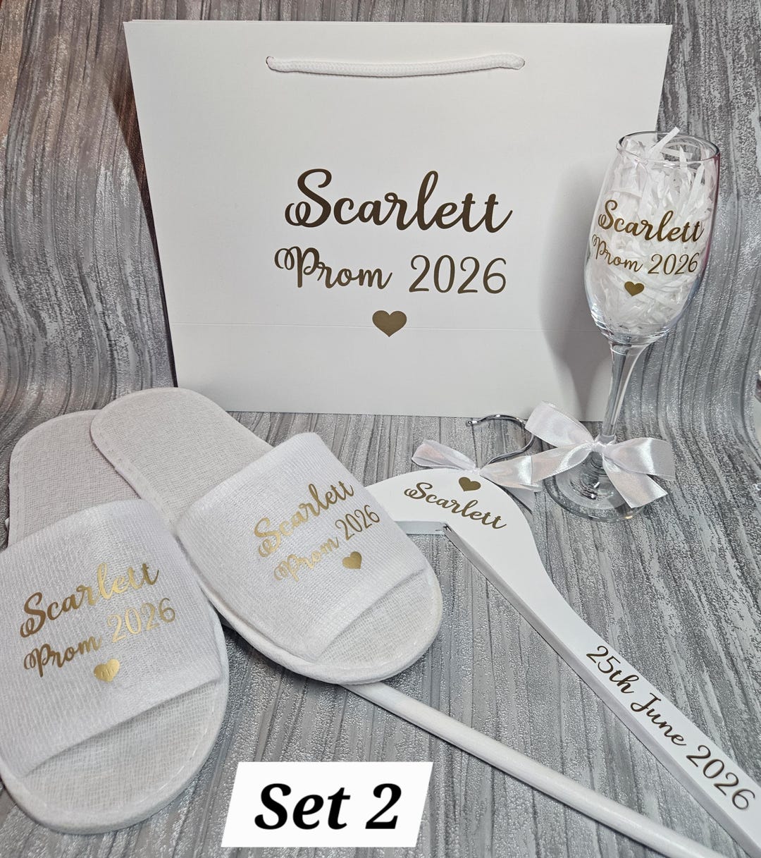 Personalised Prom Gift Set: Hanger, Glass, Slippers, Bag, Robe - Etsy UK