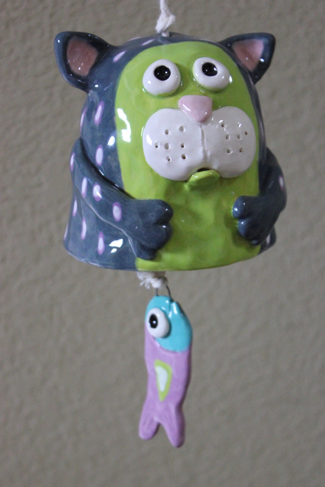 Grey and Dark Grey Cat Bell, Ceramic Cat Bell, Decorative Cat Bell ...